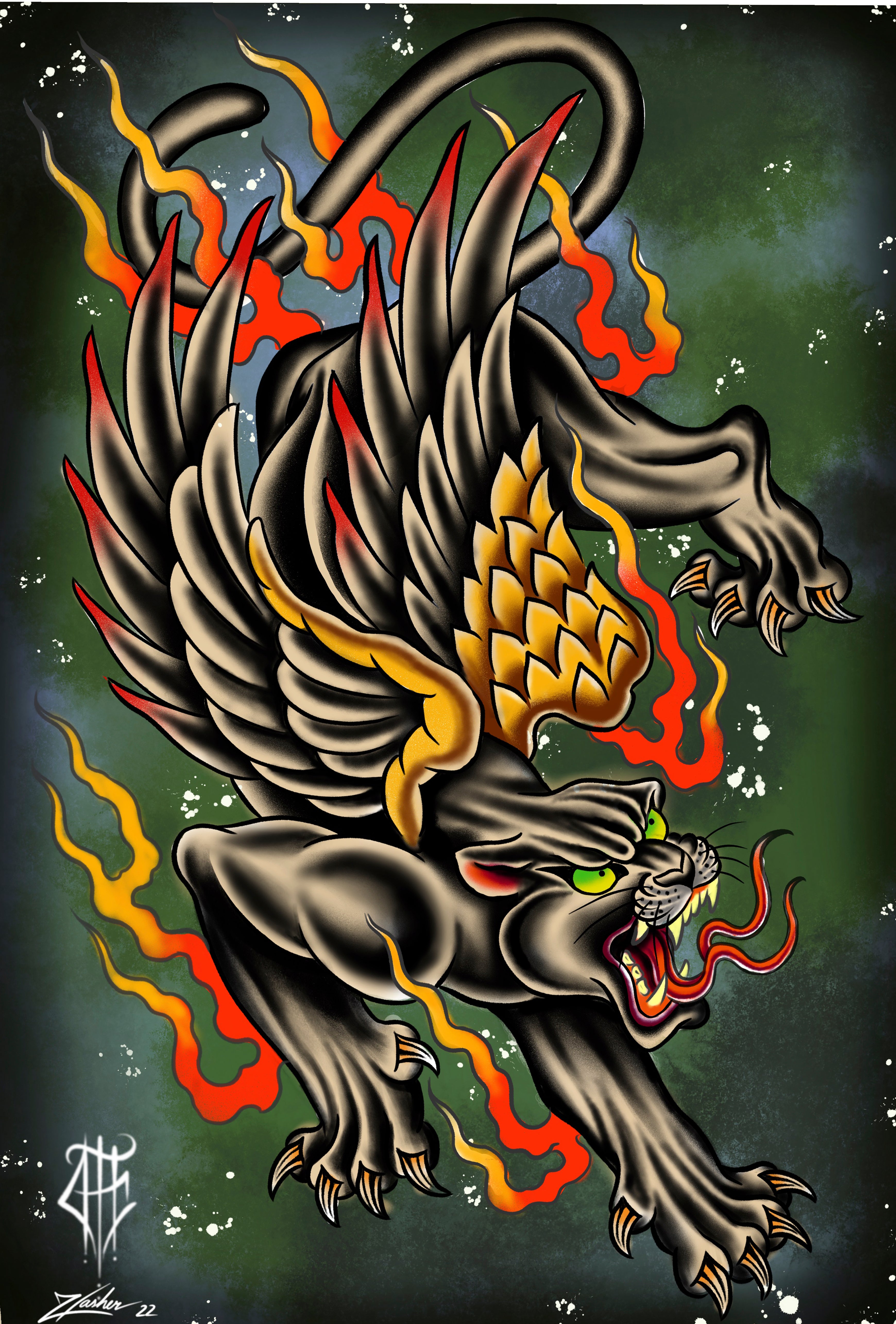 Flying Panther by Zlasher – Bold Watercolor Tattoo Art – Mindzai Apparel